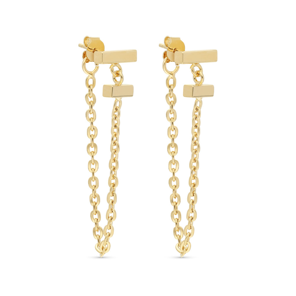 Gold Plated Double Bar Cable Chain Drop Earrings | Bronzoro™